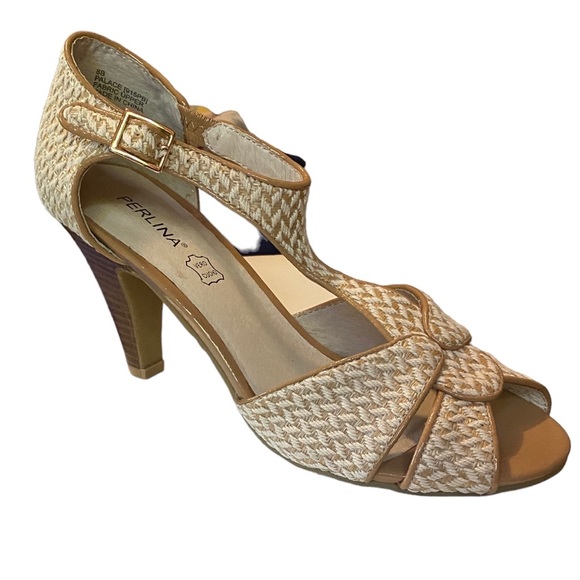 Perlina | Shoes | Perlina Palace White Tan Woven Peep Toe Leather Heels ...